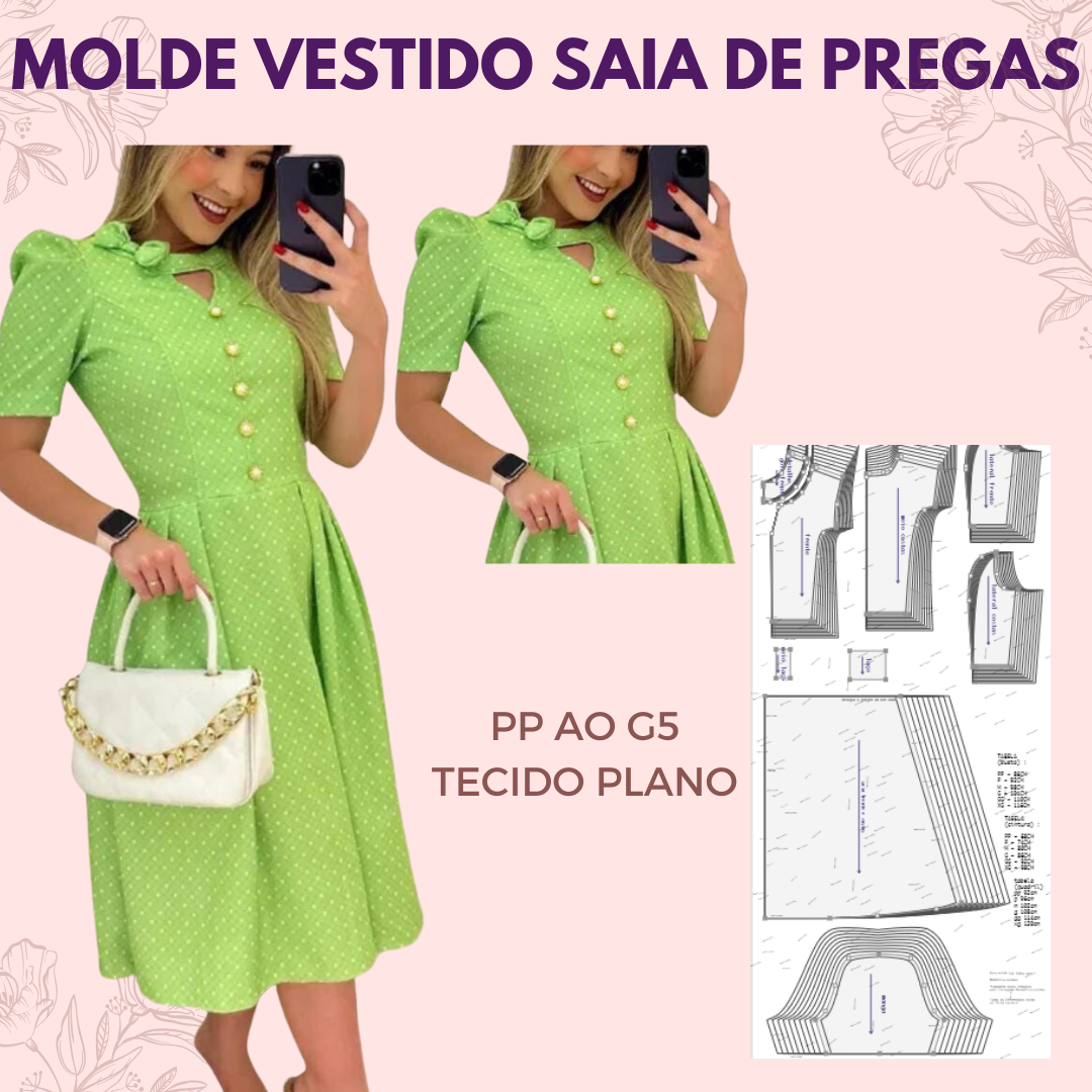 molde vestido com saia de pregas pp ao g5