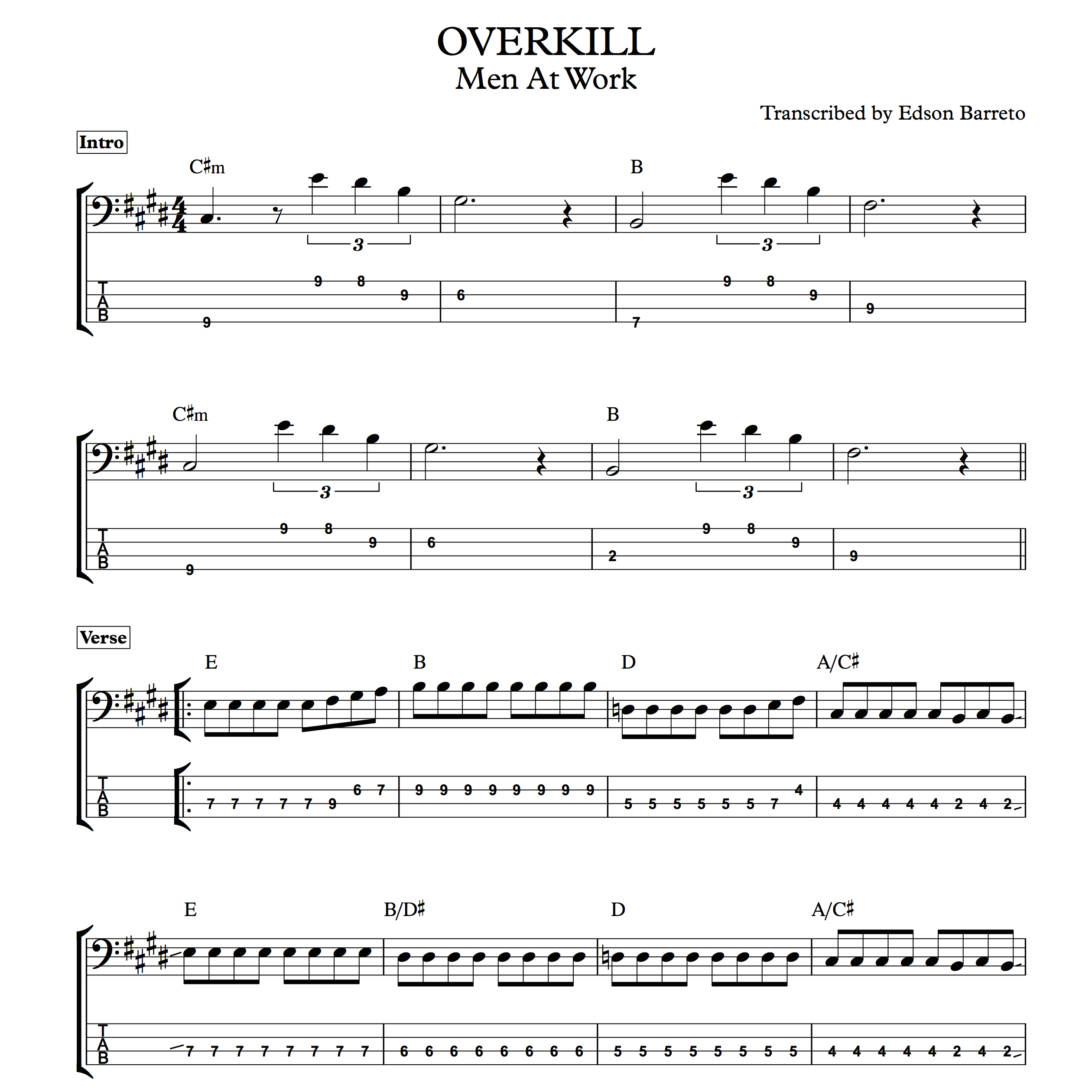 OVERKILL (Men At Work) Bass Transcription, Score & Tab Lesson