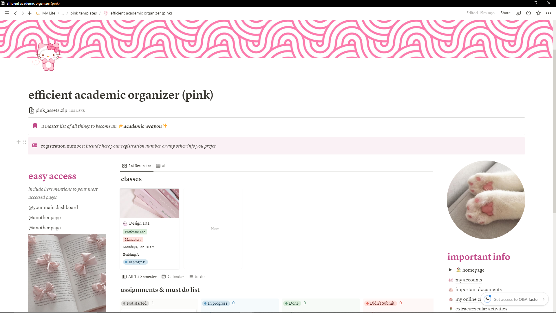 Notion Academic Organizer - Geral (Pink & Cute)