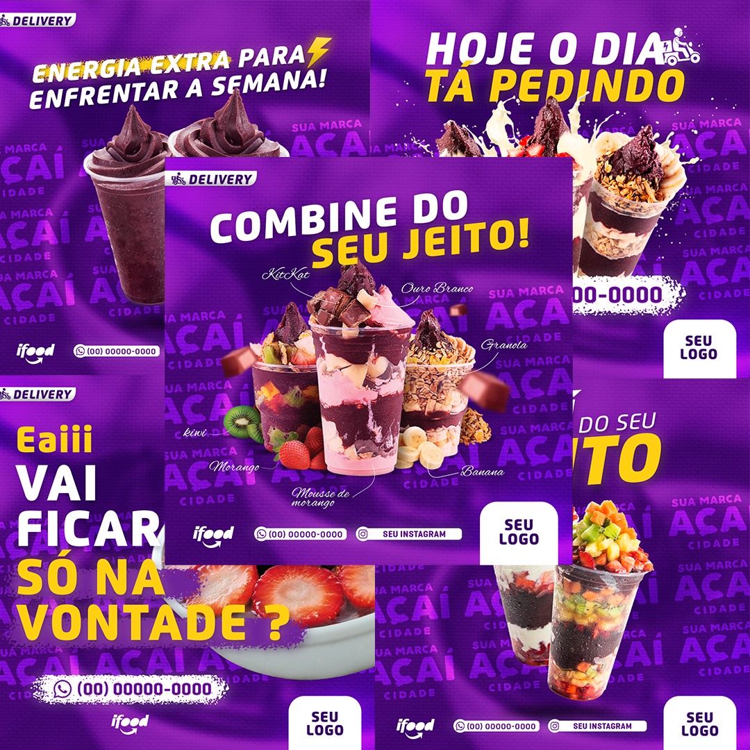 PACK - 5 ARTES PARA VENDA DE AÇAÍ - EDITÁVEIS