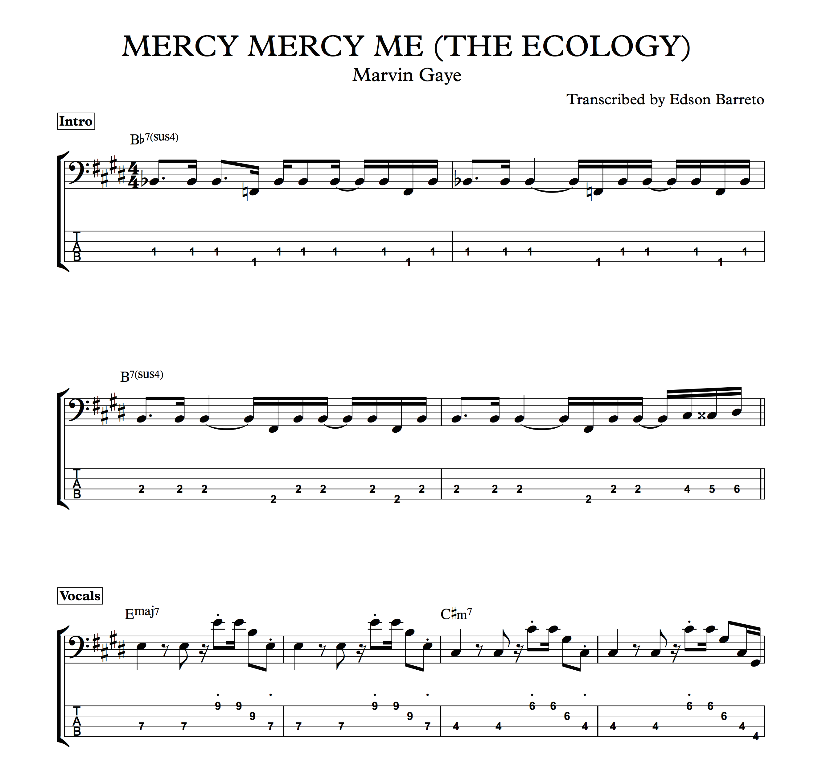 MERCY MERCY ME (THE ECOLOGY) (Marvin Gaye) Bass Transcription, Scor...