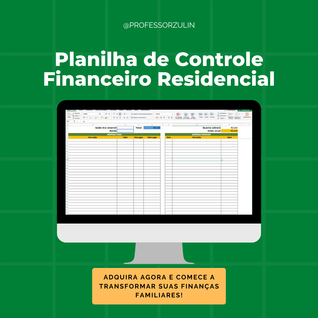 Planilha do Excel de Controle Financeiro Familiar Simplificado + Ví...