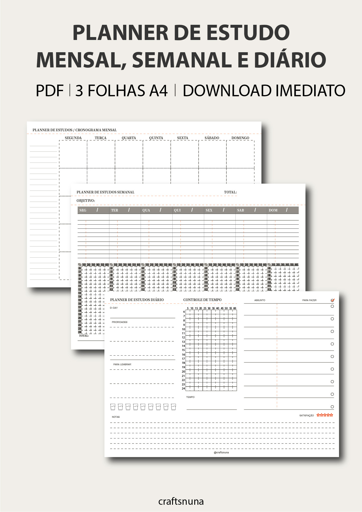 Planner de Estudo Mensal, Semanal e Diário - CRAFTSNUNA | Hotmart