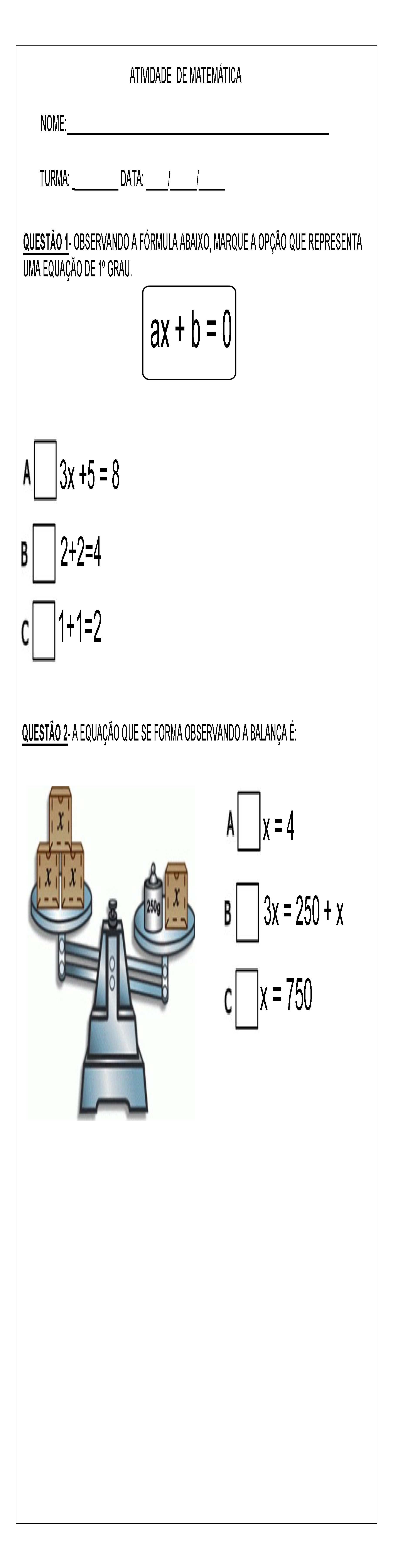 Atividade de Matemática- Equação 1º Grau - Cantinho da Inclusão