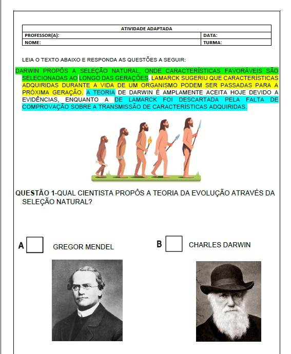 Atividade Adaptada-Teoria Evolucionista - Cantinho da Inclusão | H...