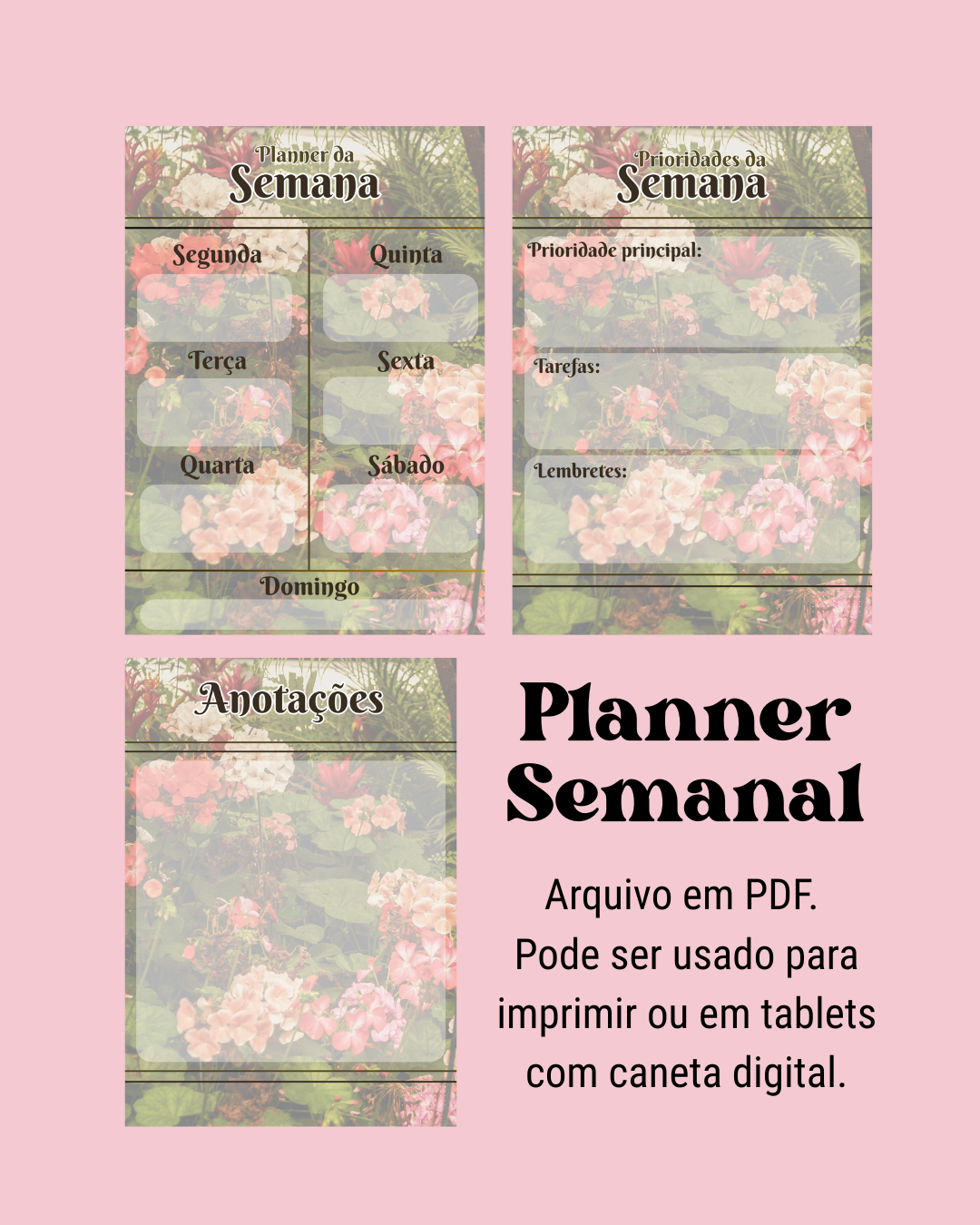 Planner Semanal - Floral - Para imprimir ou usar no Tablet - Andrea...