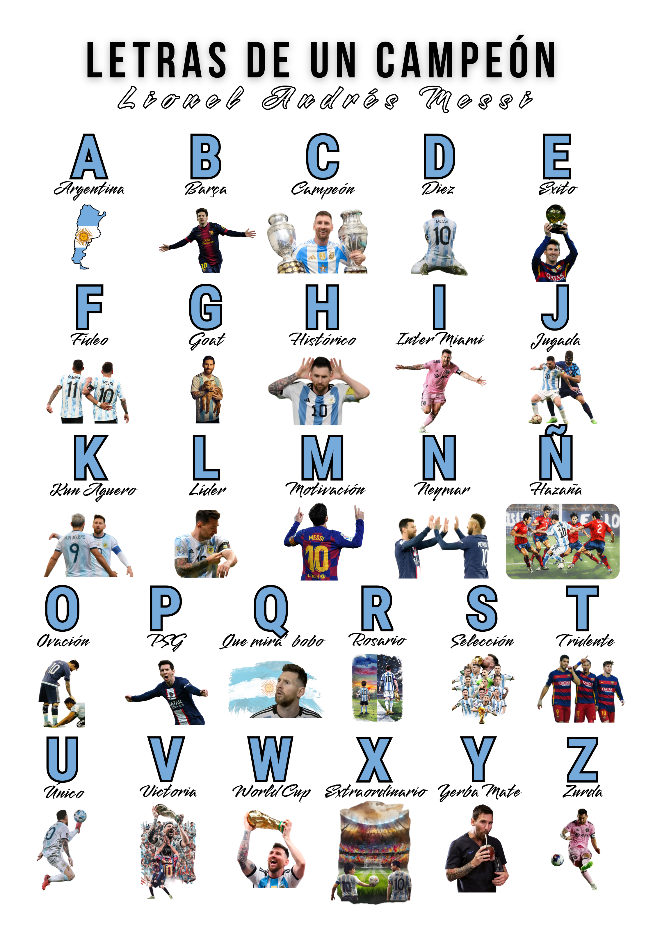 Letras de un Campeon - Abecedario con Messi Imprimible - Azul Deant...