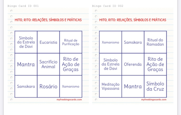 BINGO DE ENSINO RELIGIOSO: MITO E RITO - RELAÇÕES, SÍMBOLOS E PRÁTI...