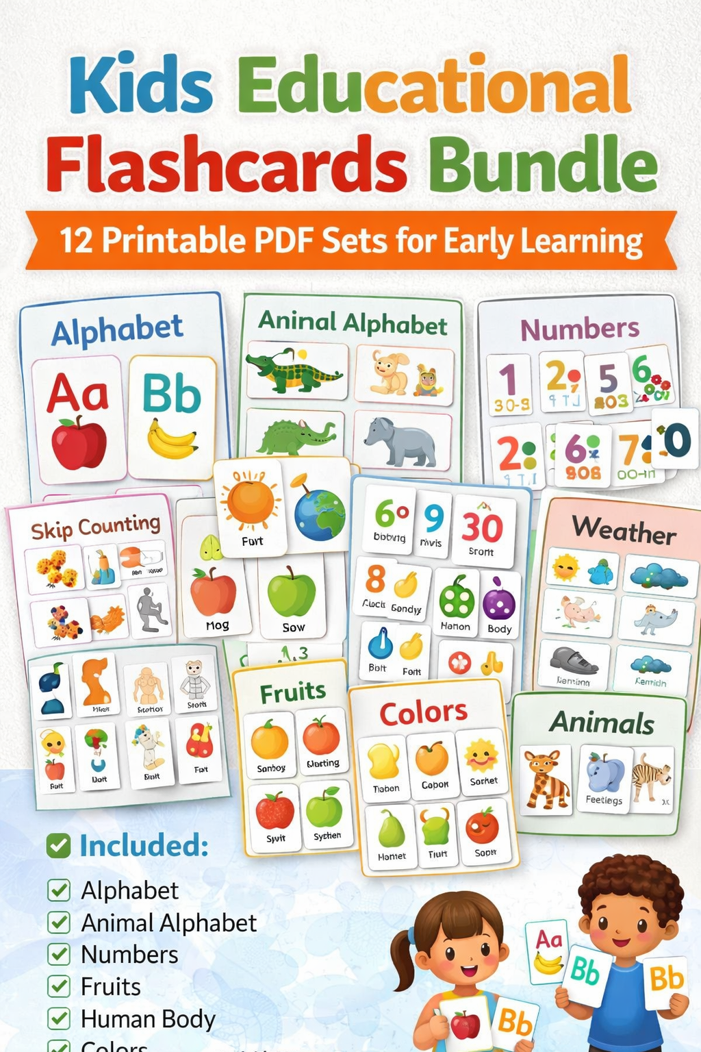 Kids Educational Flashcards Bundle – 12 Printable PDF Sets - Armári...