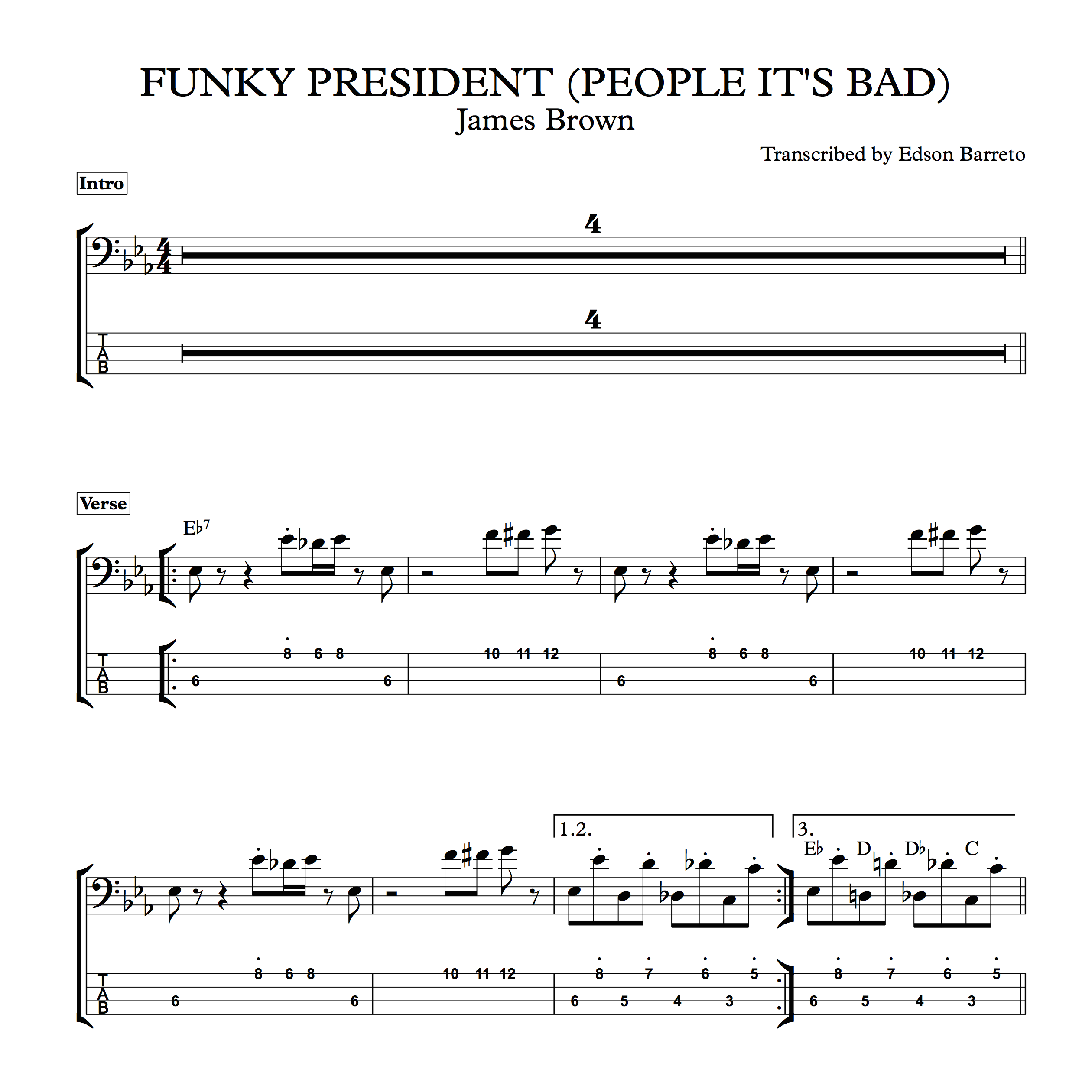FUNKY PRESIDENT (PEOPLE IT'S BAD) (James Brown) Bass Transcription,...