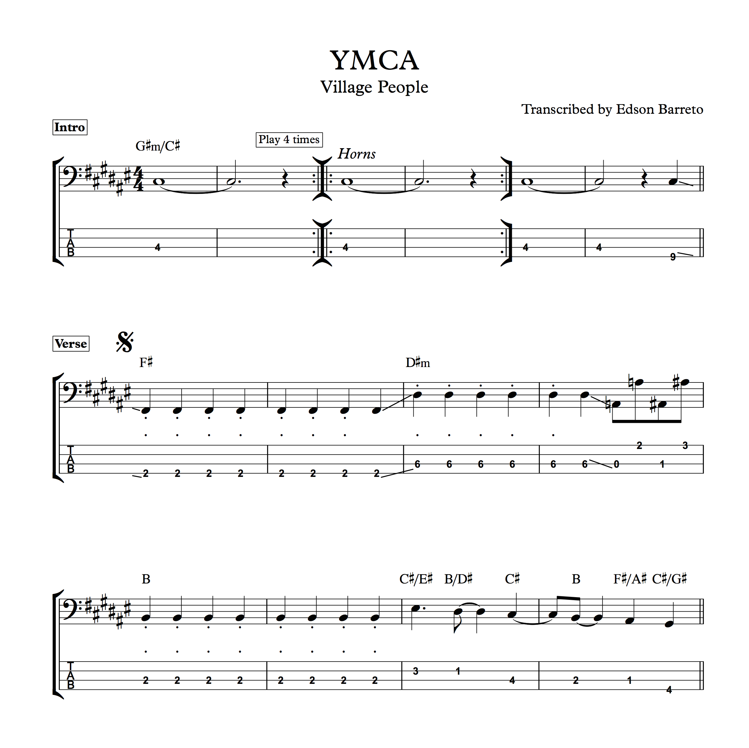 YMCA (Village People) Bass Transcription, Score & Tab Lesson