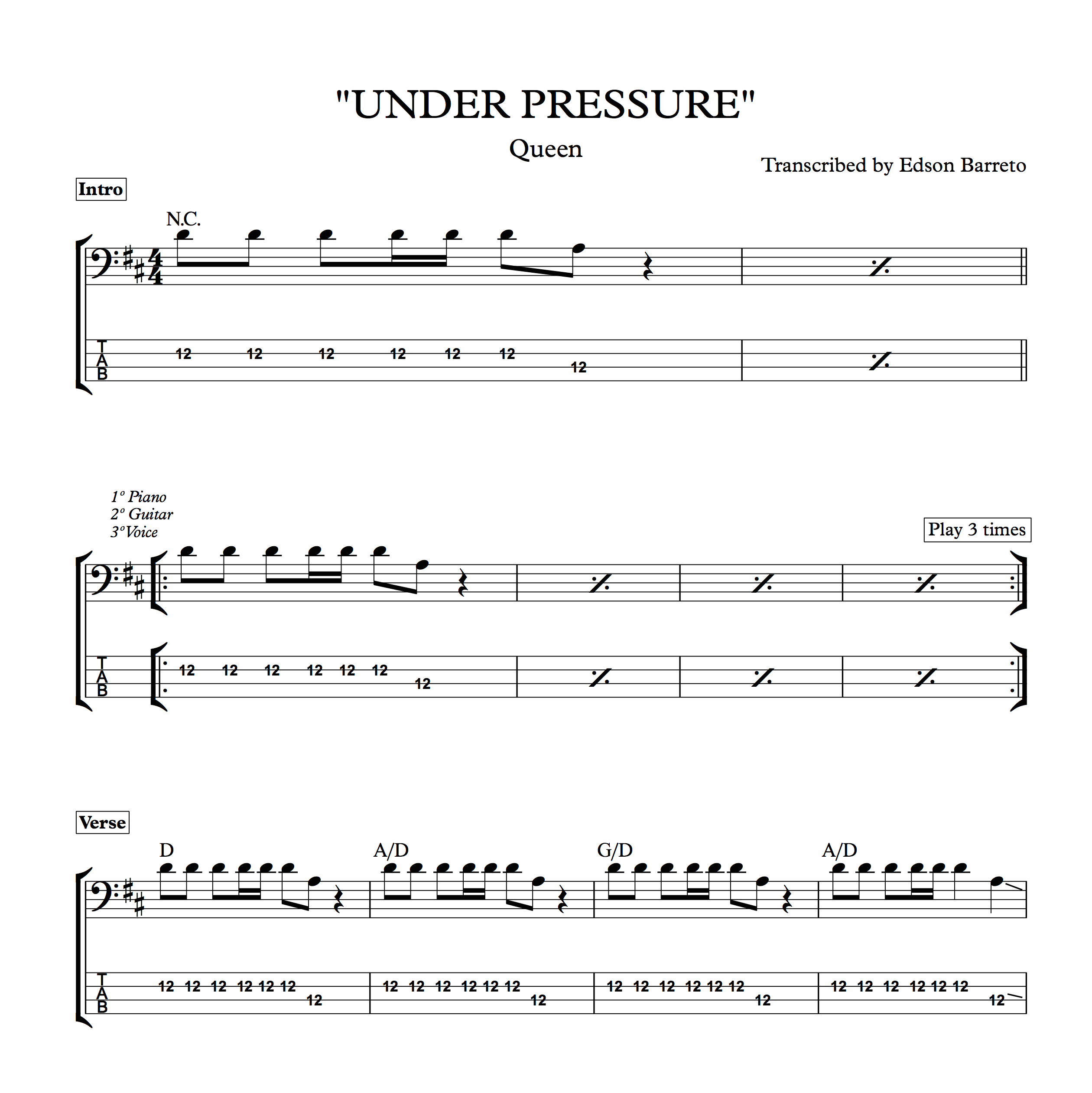 UNDER PRESSURE (Queen - David Bowie) Bass Score & Tab Lesson
