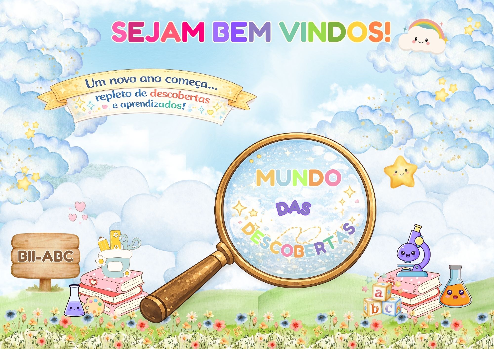 Painel de Sejam Bem Vindos (Tema: Mundo das Descobertas) - Traços d...