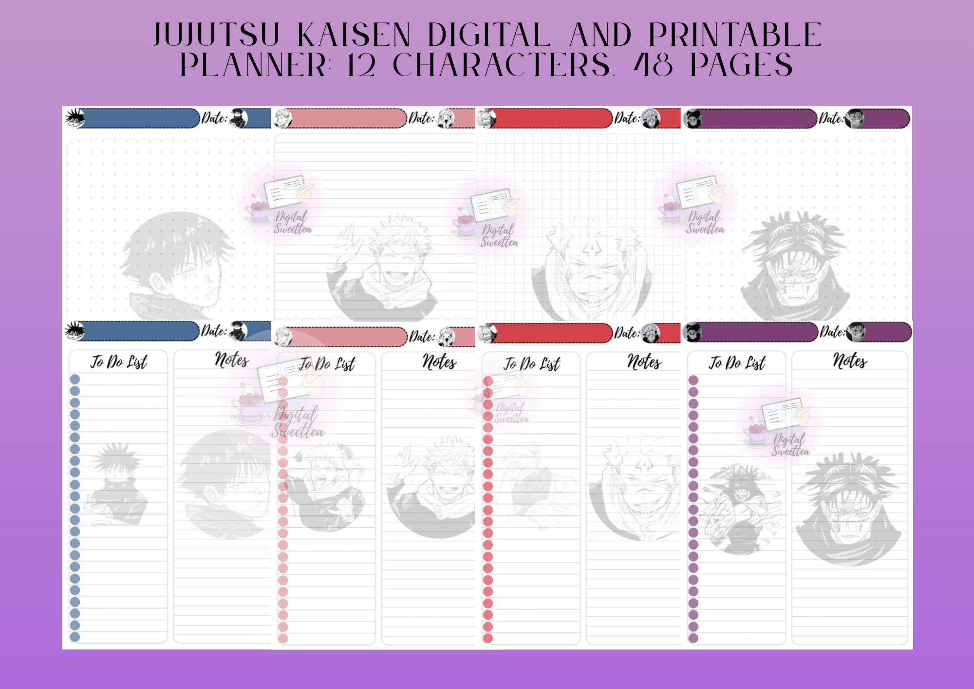 Jujutsu Kaisen Digital and Printable Planner: 12 Characters, 48 Pag...