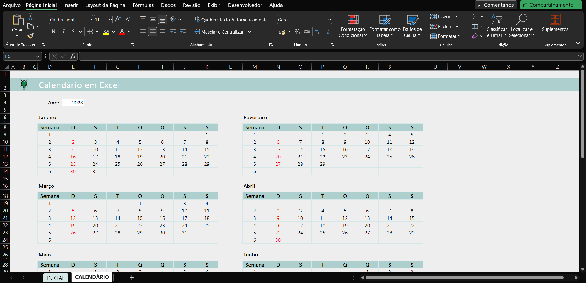 Calendário em Excel