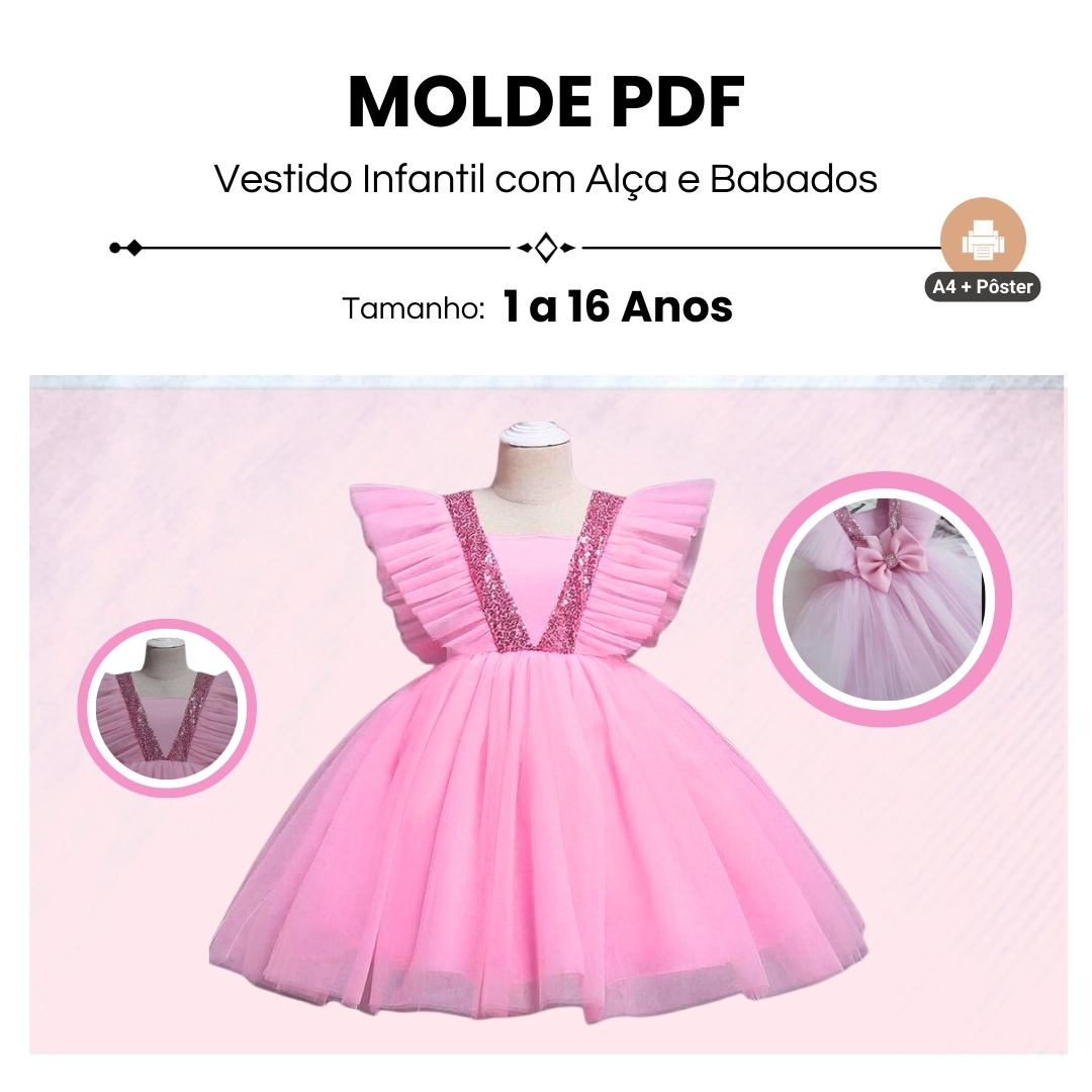 MOLDE VESTIDO INFANTIL COM ALÇA E BABADOS - Criative wg | Hotmart