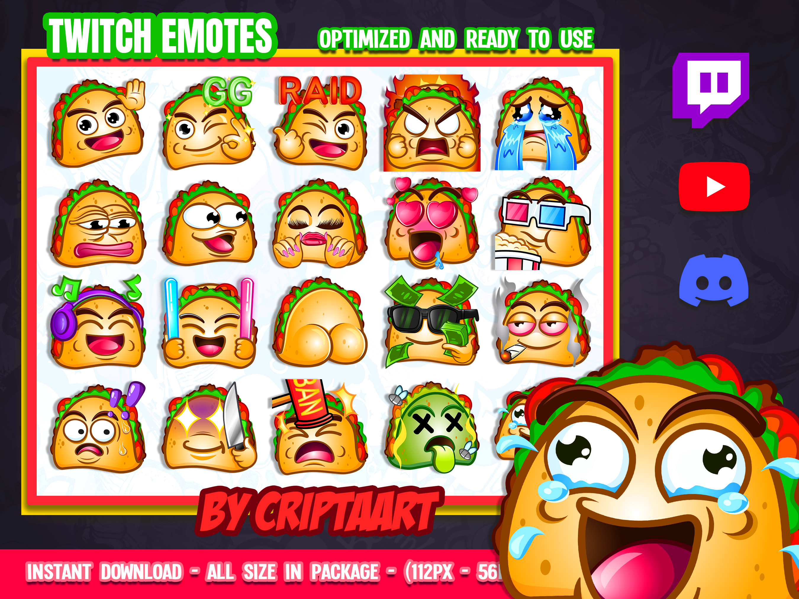 Taco emotes mega pack, fast food Twitch emoji, kawaii icons, items ...